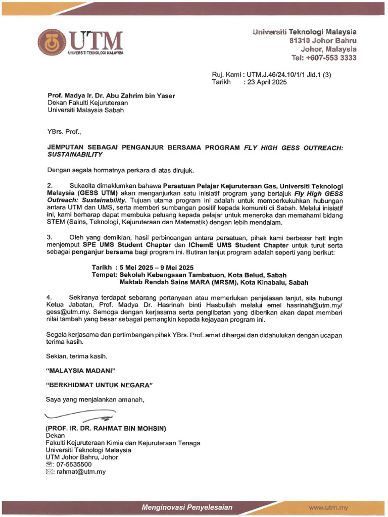 Surat Jemputan Penganjur Bersama UTM-UMS | PDF