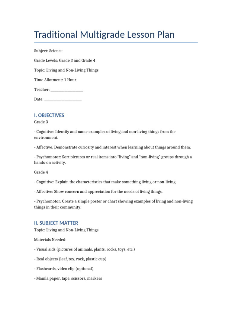 Traditional Multigrade Science Lesson Plan | PDF | Lesson Plan | Cognition