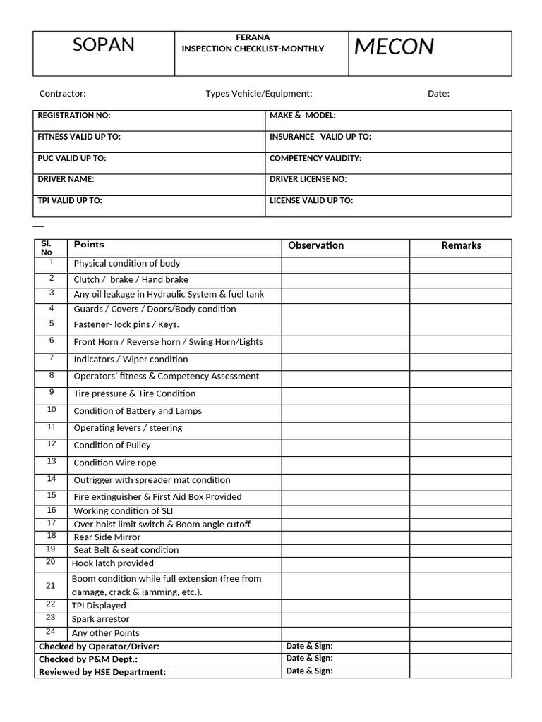 95.hse-Tmc-Chk-95 Safety Inspection Checklist of Tyre Mounted Crane-Revised | PDF