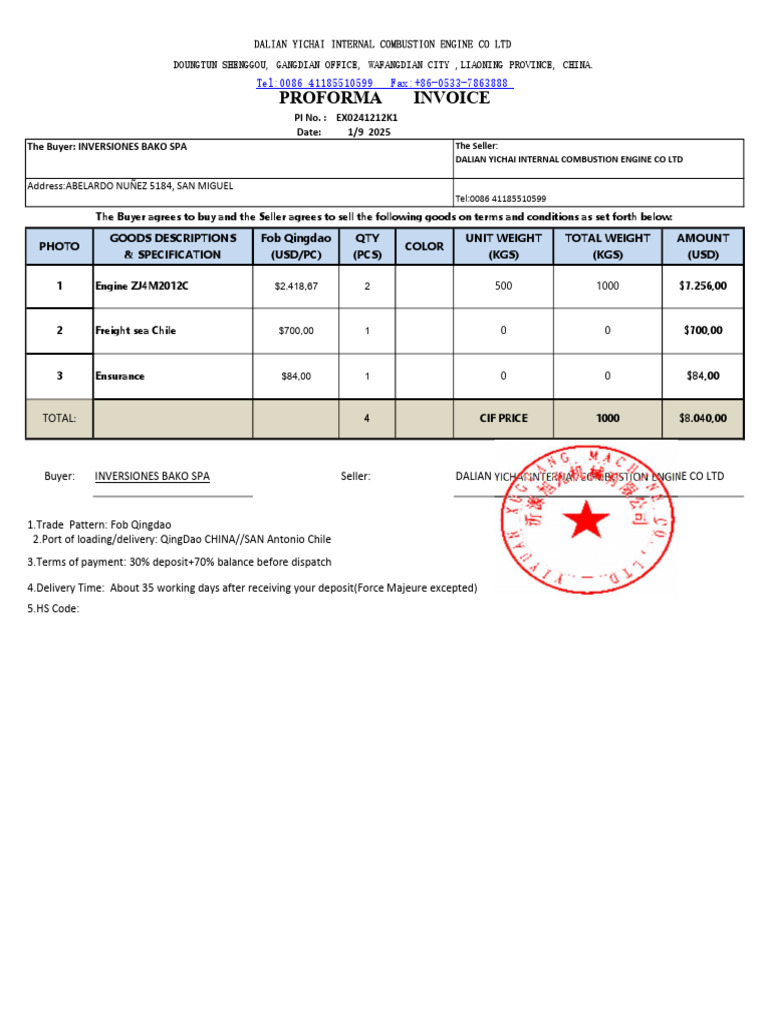 Proforma Invoice for Engine ZJ4M2012C | PDF