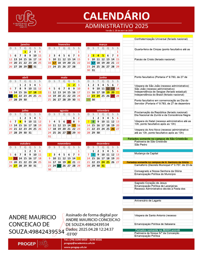 Calendário Administrativo UFS 2025 | PDF