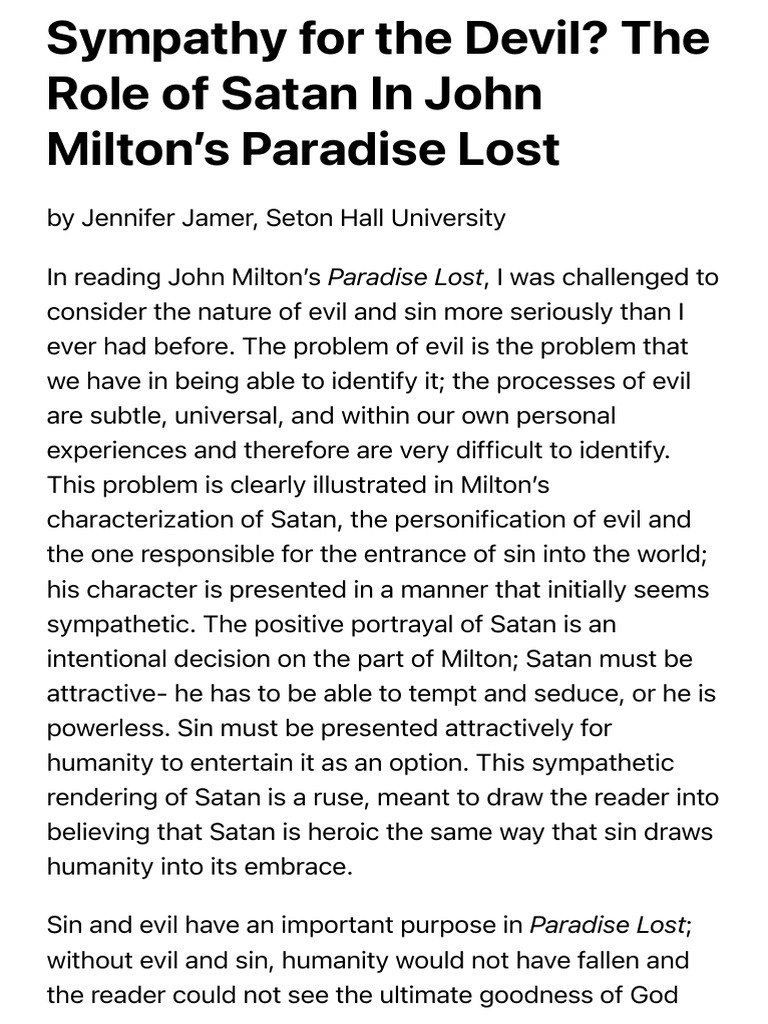 Sympathy For The Devil? The Role of Satan in John Milton's Paradise ...