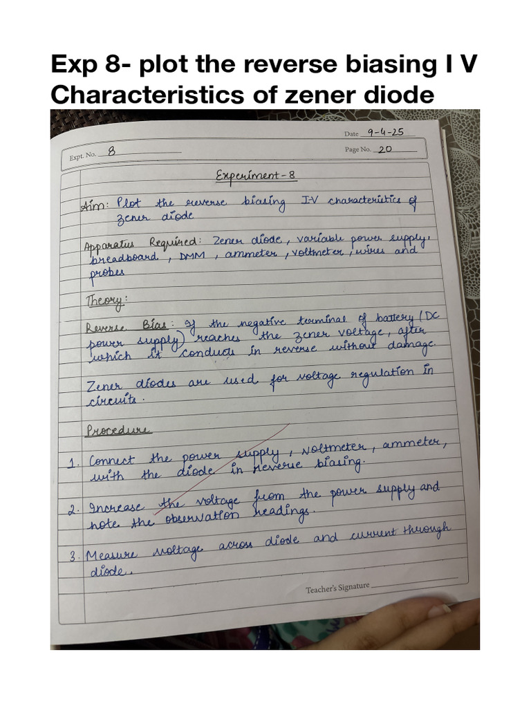 Exp 8 - Plot The Reverse Biasing I V Characteristics of Zener Diode | PDF