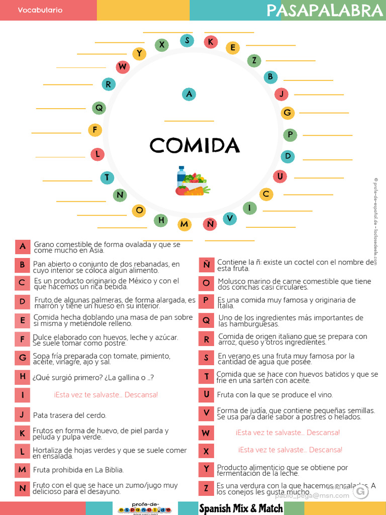 Vocabulario de Comidas para Pasapalabra | PDF | ensalada | Alimentos
