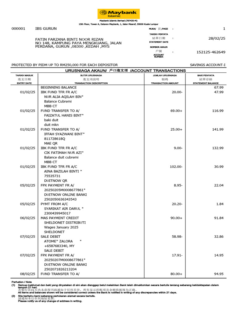 Maybank Statement Feb2025 | PDF | Debits And Credits | Banks