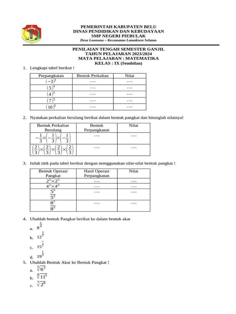 PTS Matematika Kelas 9 | PDF