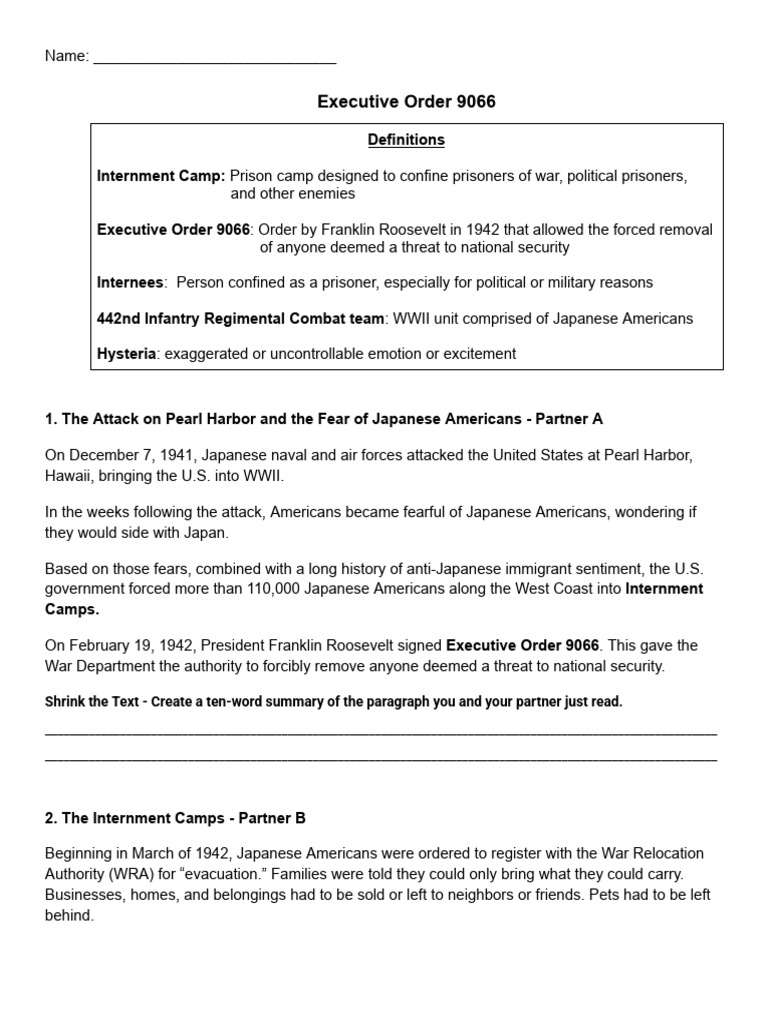 Executive Order 9066 PALS Reading | PDF | Internment Of Japanese ...