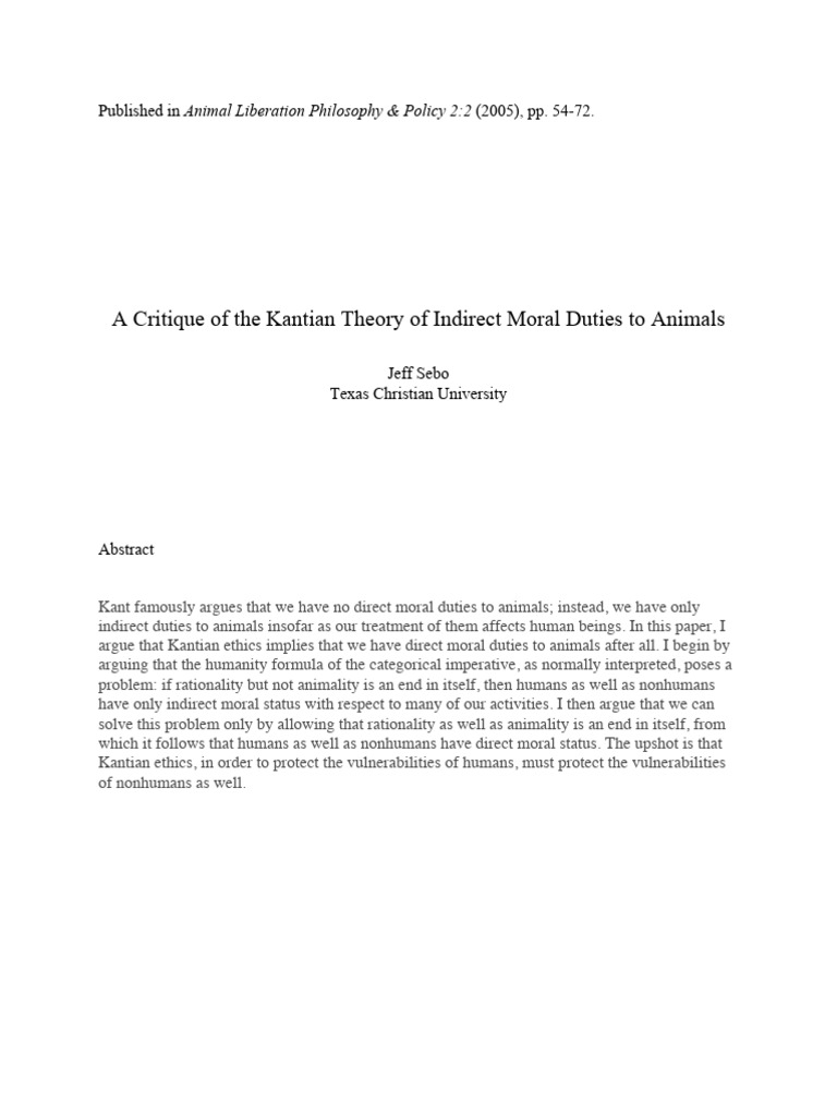 A Critique of The Kantian Theory of Indirect Duties To Animals1 | PDF ...