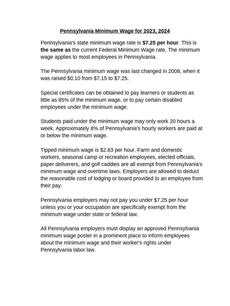 Pennsylvania Minimum Wage for 2023, 2024 | PDF