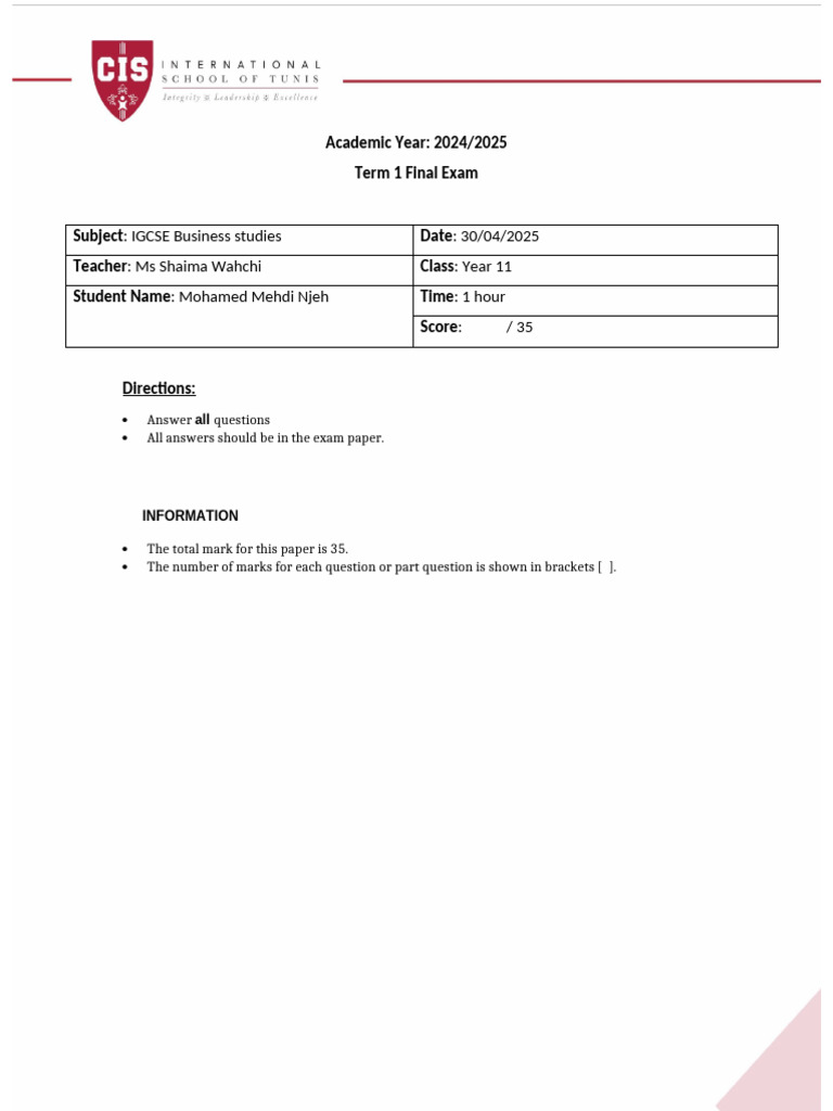 IGCSE Business Chapter1 Exam Low Achievers | PDF