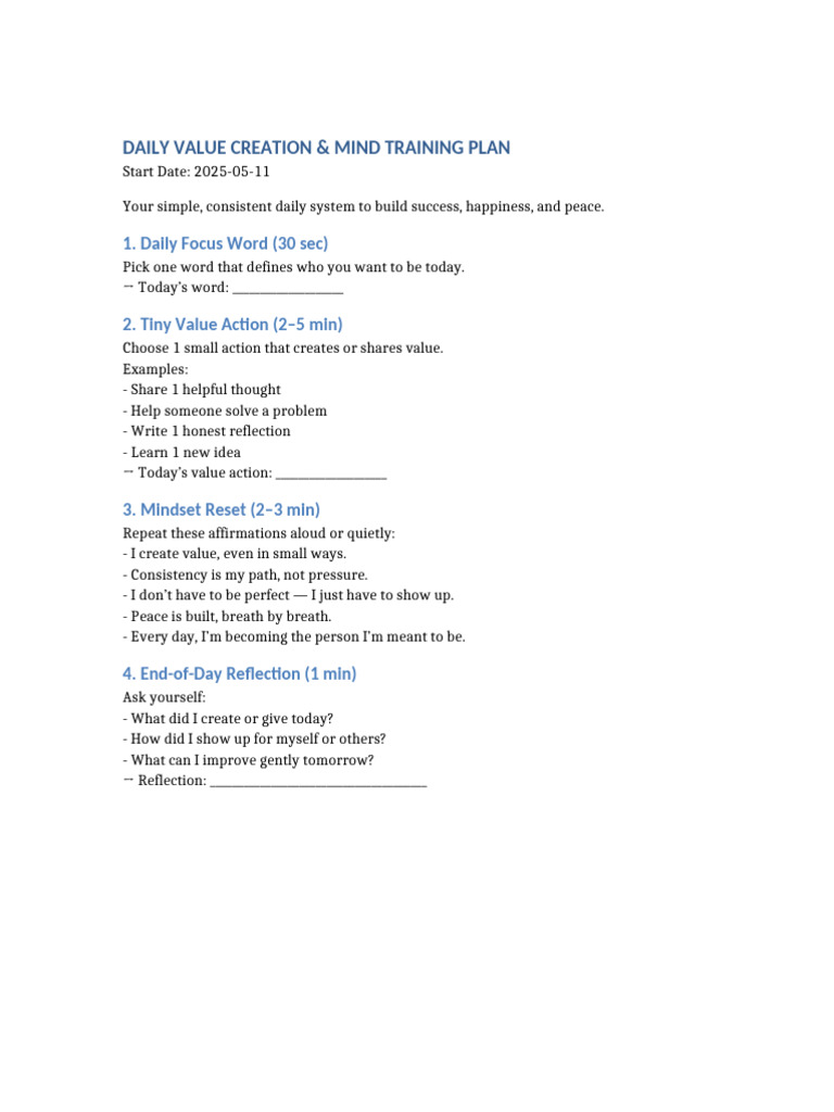 Daily Value Creation Mind Training Plan | PDF