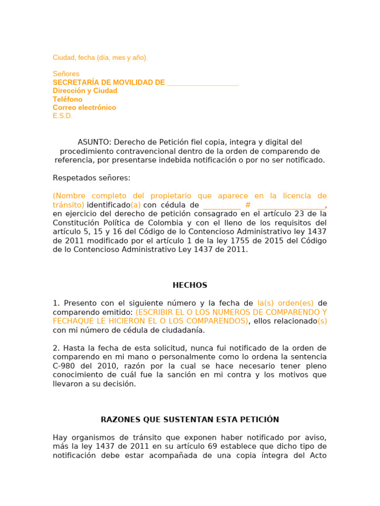 Derecho de Petición: Comparendo No Notificado | PDF | Debido al proceso ...