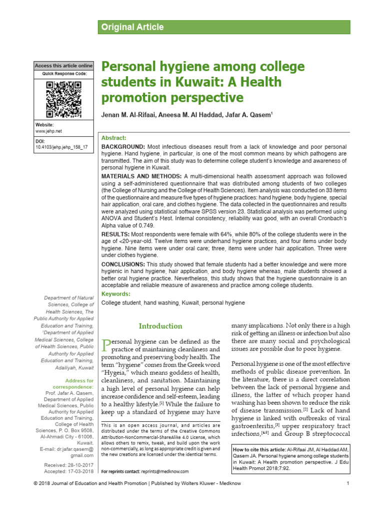 Personal Hygiene Among College Students in Kuwait: A Health Promotion ...