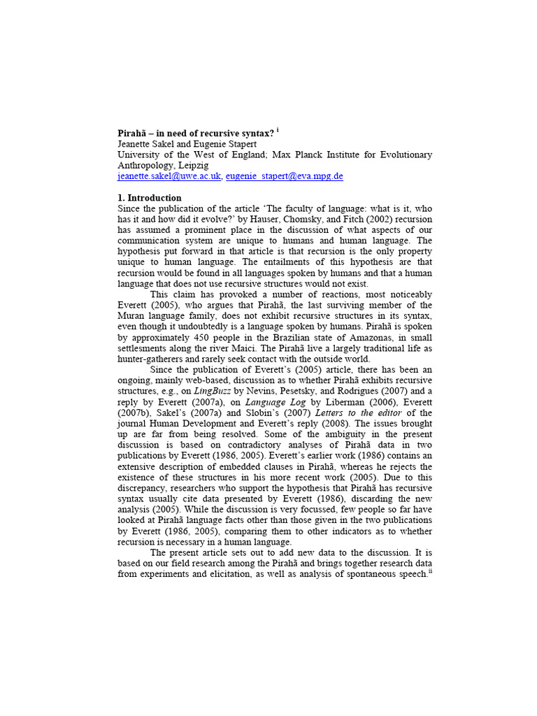 Pirahã Language and Recursive Syntax Debate | PDF | Syntax | Recursion