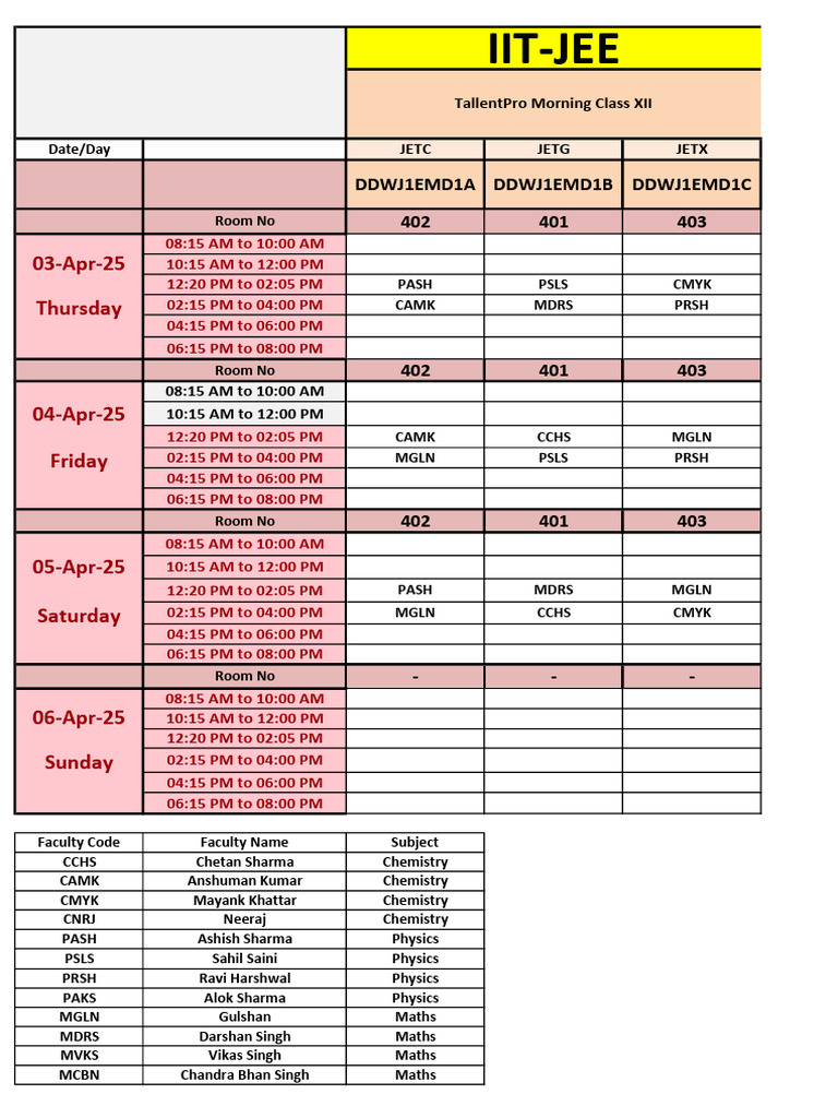 ENTHUSE TP IIT JEE Time Table - 03rd Apr To 06th Apr - 2025 | PDF