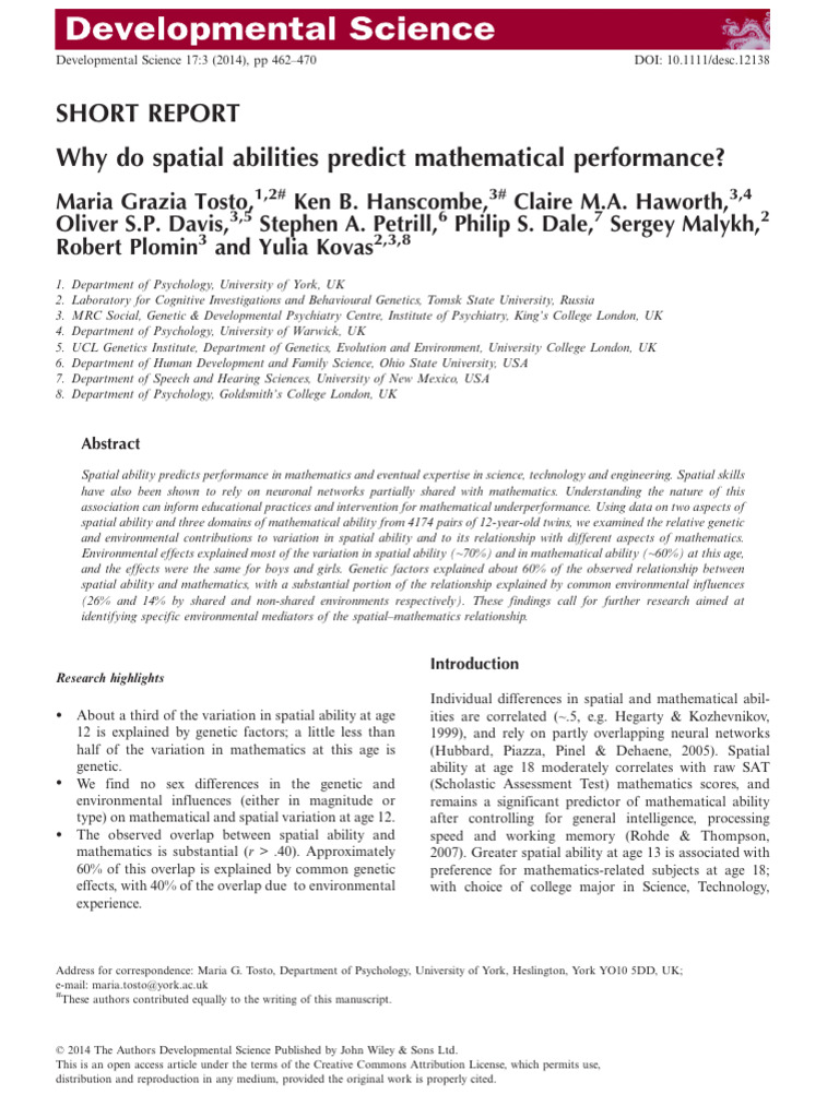 Developmental Science - 2014 - Tosto - Why Do Spatial Abilities Predict ...