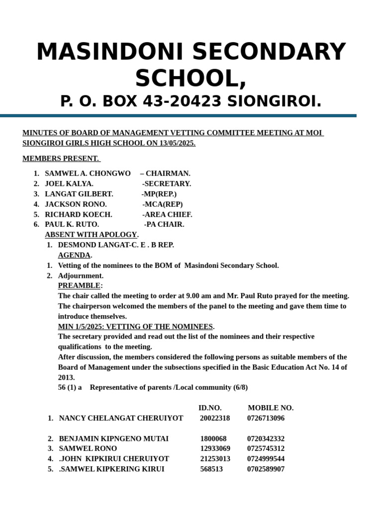 BOM Vetting Minutes for Masindoni School | PDF
