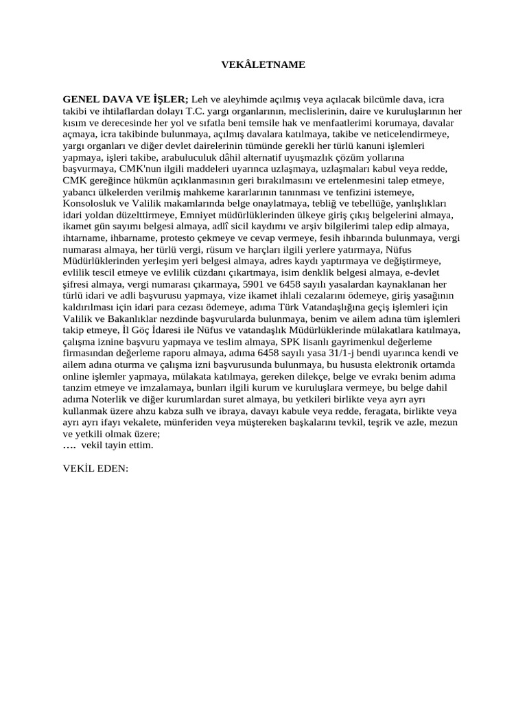 Genel Dava Vekaleti̇ Yeni̇ Örnek-1 | PDF