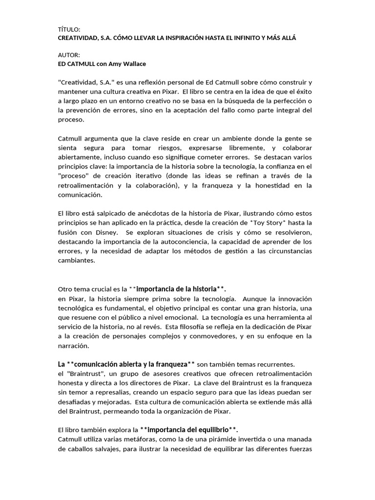 Ed Camull La Creatividad Un Resumen | PDF | Pixar | Creatividad