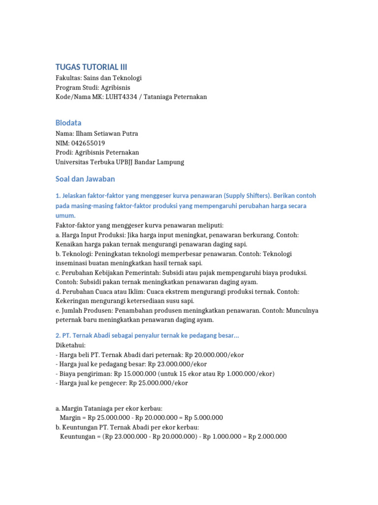 Tugas 3 Tataniaga Peternakan - Ilham - Setiawan - Putra | PDF