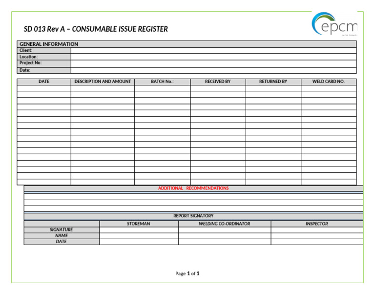 SD 013 Consumable Issue Register | PDF