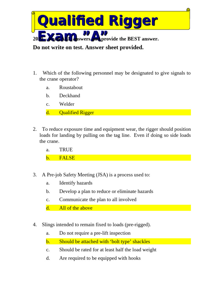 Qualified Rigger Exam A: Key Questions | PDF | Crane (Machine ...
