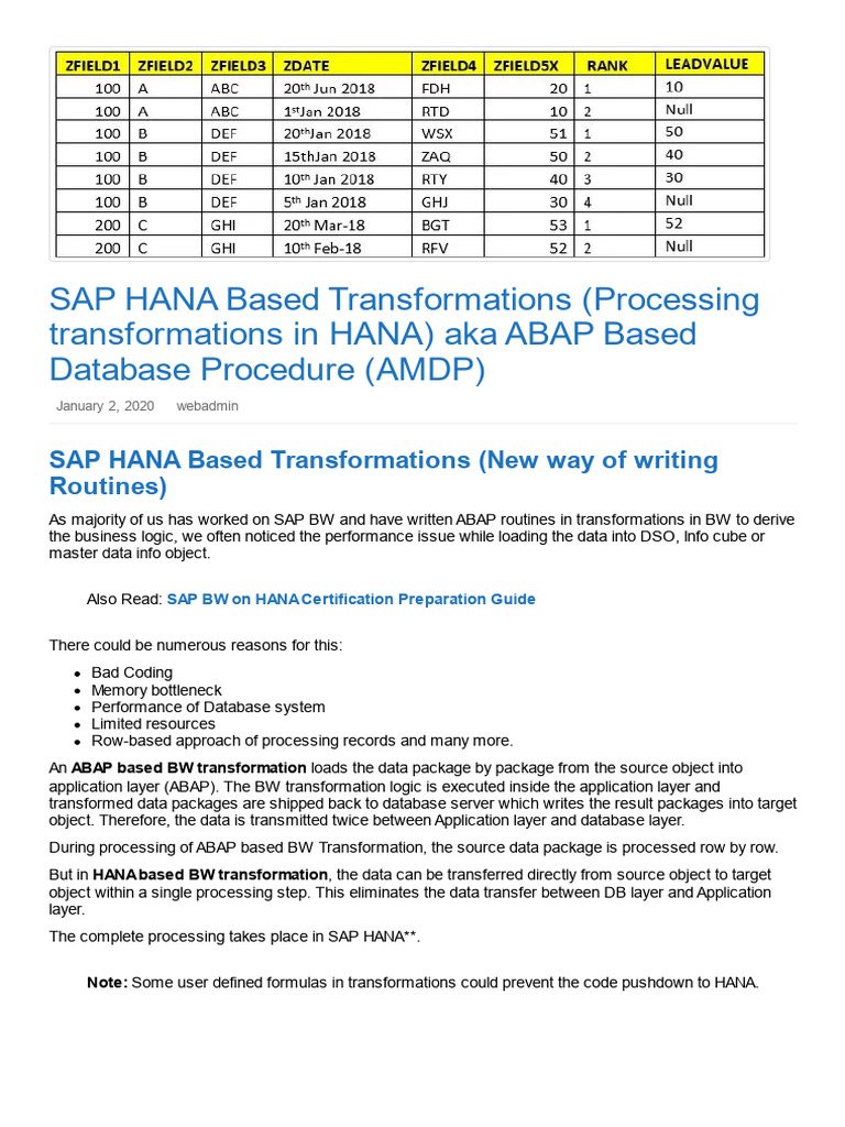 SAP HANA Transformations - Unlocking Processing With AMDP | PDF | Data ...