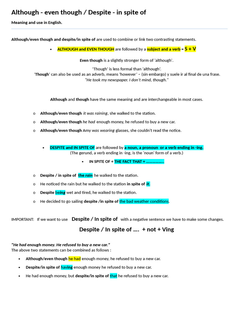 Although - Even Though - Despite - in Spite of - TRANSFORMATIONS | PDF ...