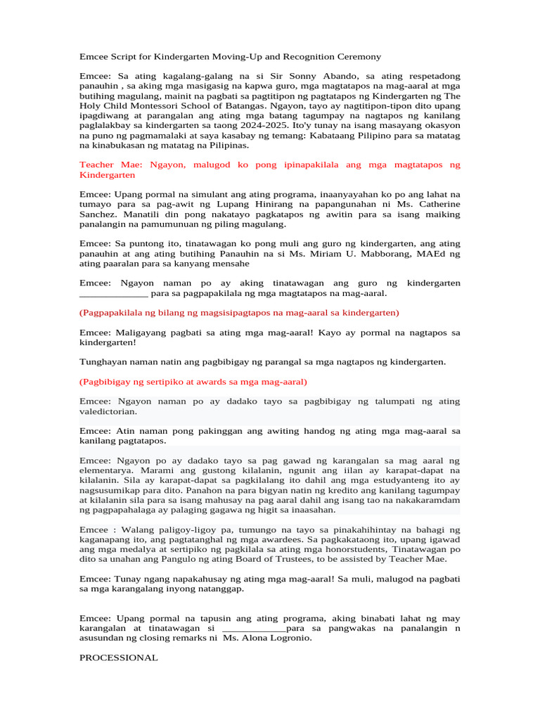 Emcee Script for Kindergarten Moving | PDF