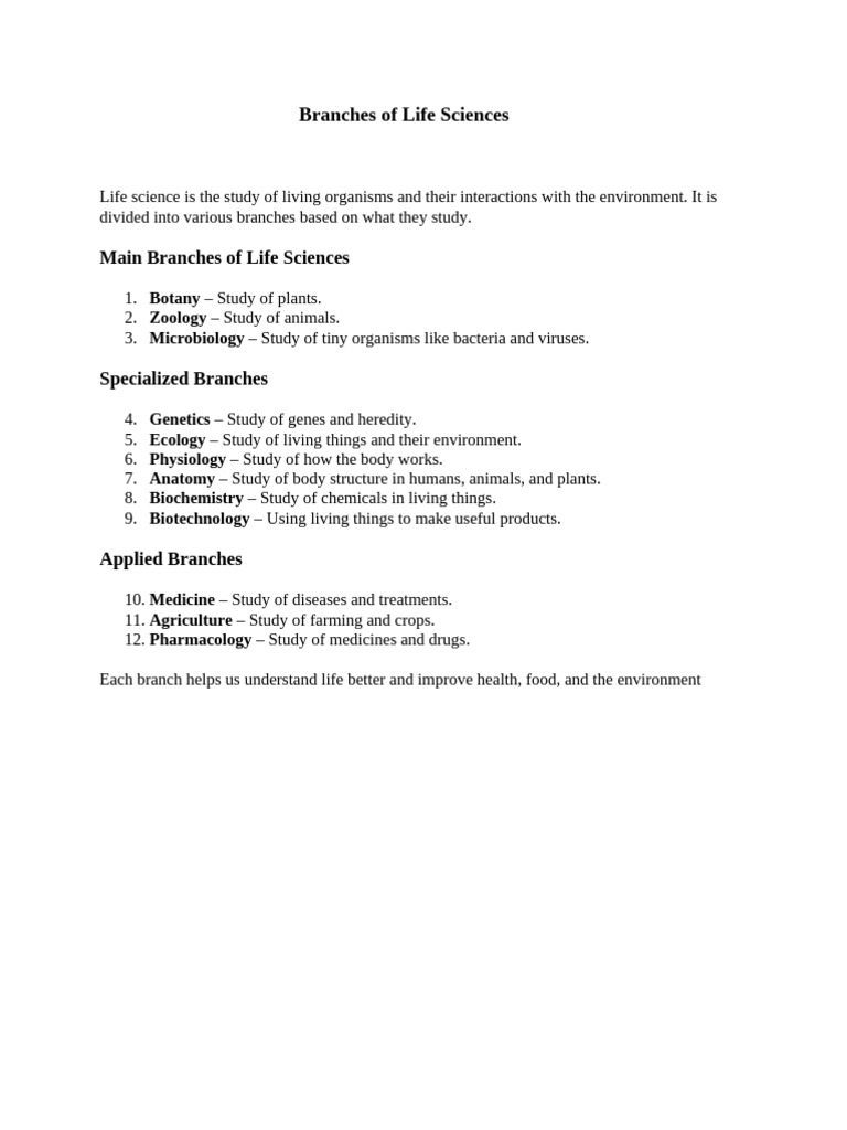 Branches of Life Sciences | PDF