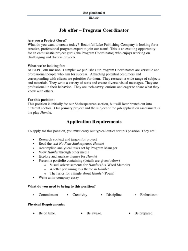 Hamlet Unit Plan for ELA 30 | PDF | Hamlet | Poetry