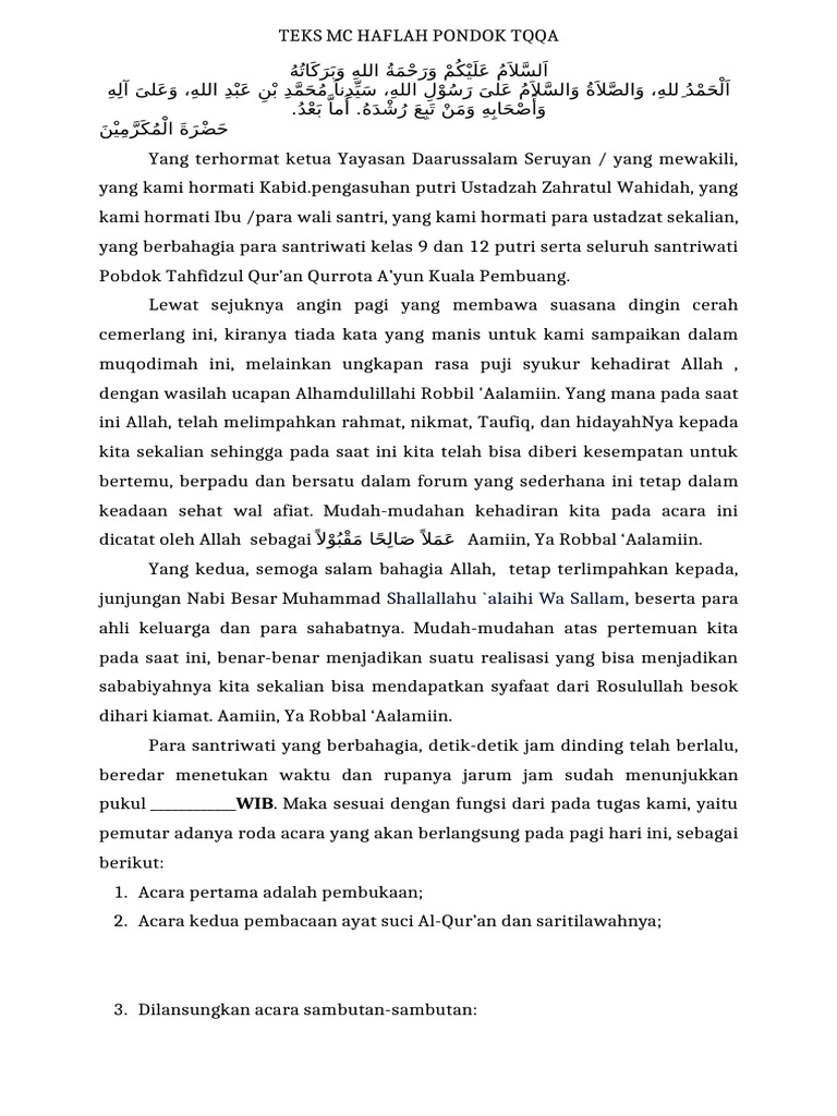 Teks MC Haflah Pondok Tqqa | PDF