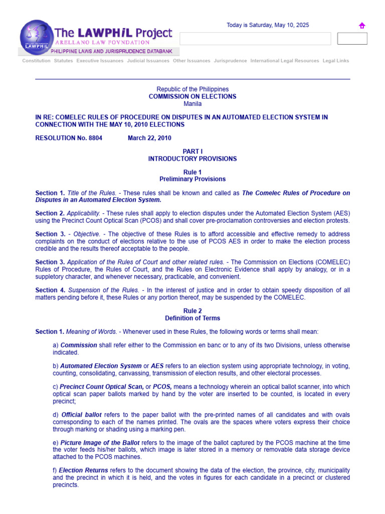 Comelec Rules on Automated Election Disputes | PDF | Subpoena Duces ...
