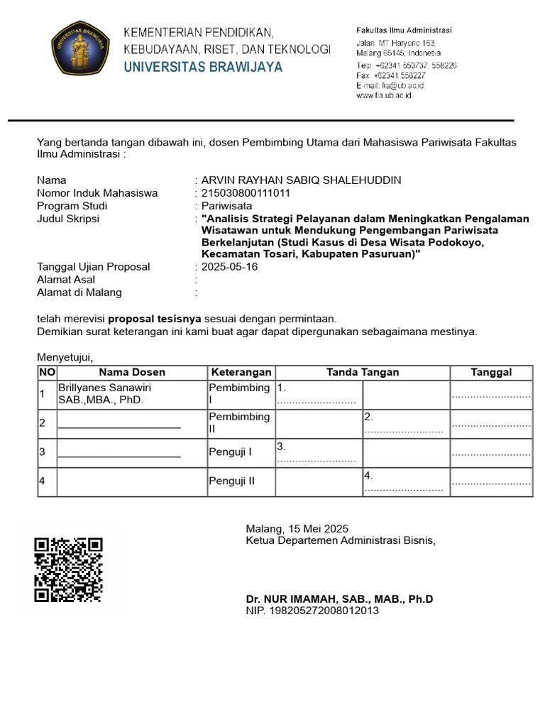Surat Keterangan Revisi Proposal - Arvin | PDF