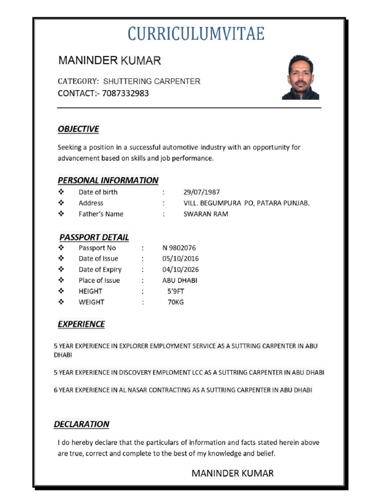 Maninder Kumar Shuttering Carpenter | PDF