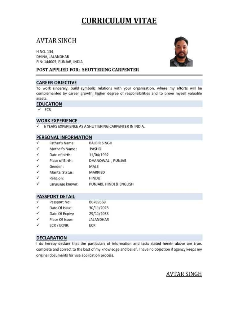 Avtar Singh For Romania Shuttering Carpenter | PDF