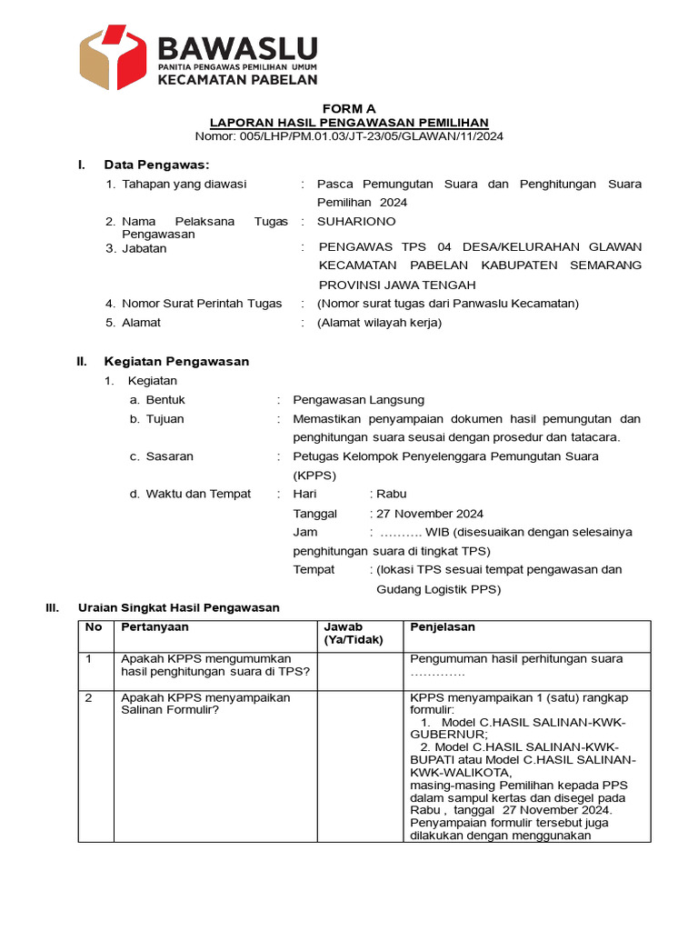 FORM A PTPS Pasca Pemungutan Dan Penghitungan Suara - (NAMA DESA) - (NO ...