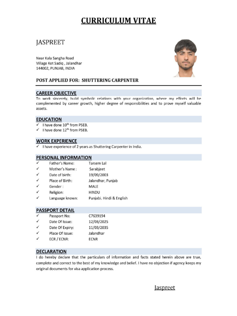 Jaspreet Tarsem Lal Shuttering Carpenter | PDF