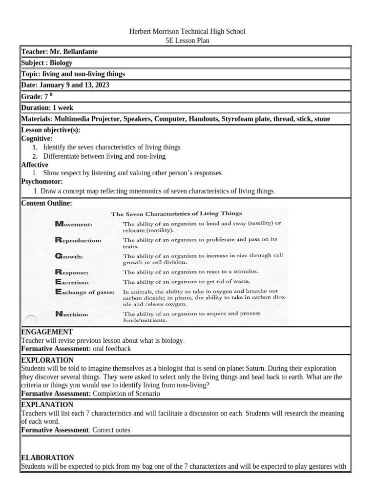10th Lesson Plan Living and Non-Living Things | PDF | Lesson Plan ...