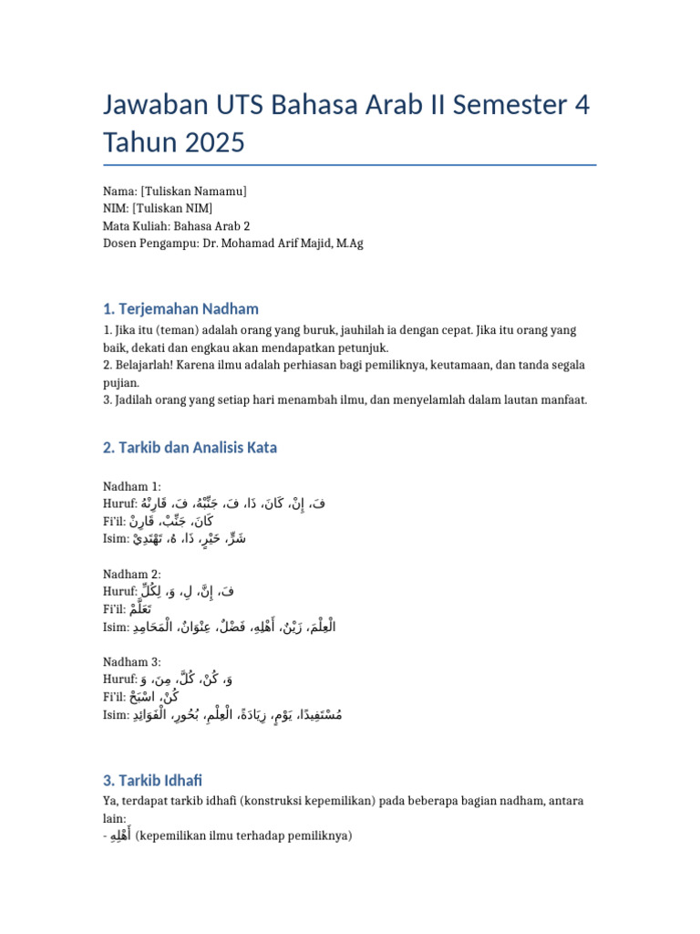 Jawaban UTS Bahasa Arab II Semester 4 | PDF