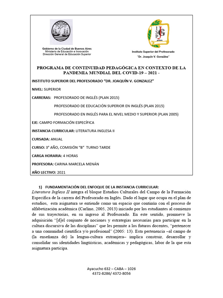 Ingles2021 Lit Ingl II B TT | PDF | Maestros | Literatura