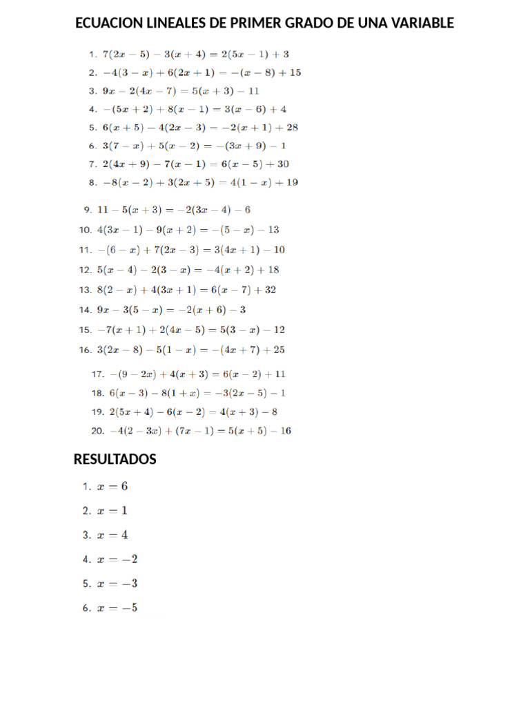 Ecuacion Lineales de Primer Grado de Una Variable Colegio Seconda Media | PDF