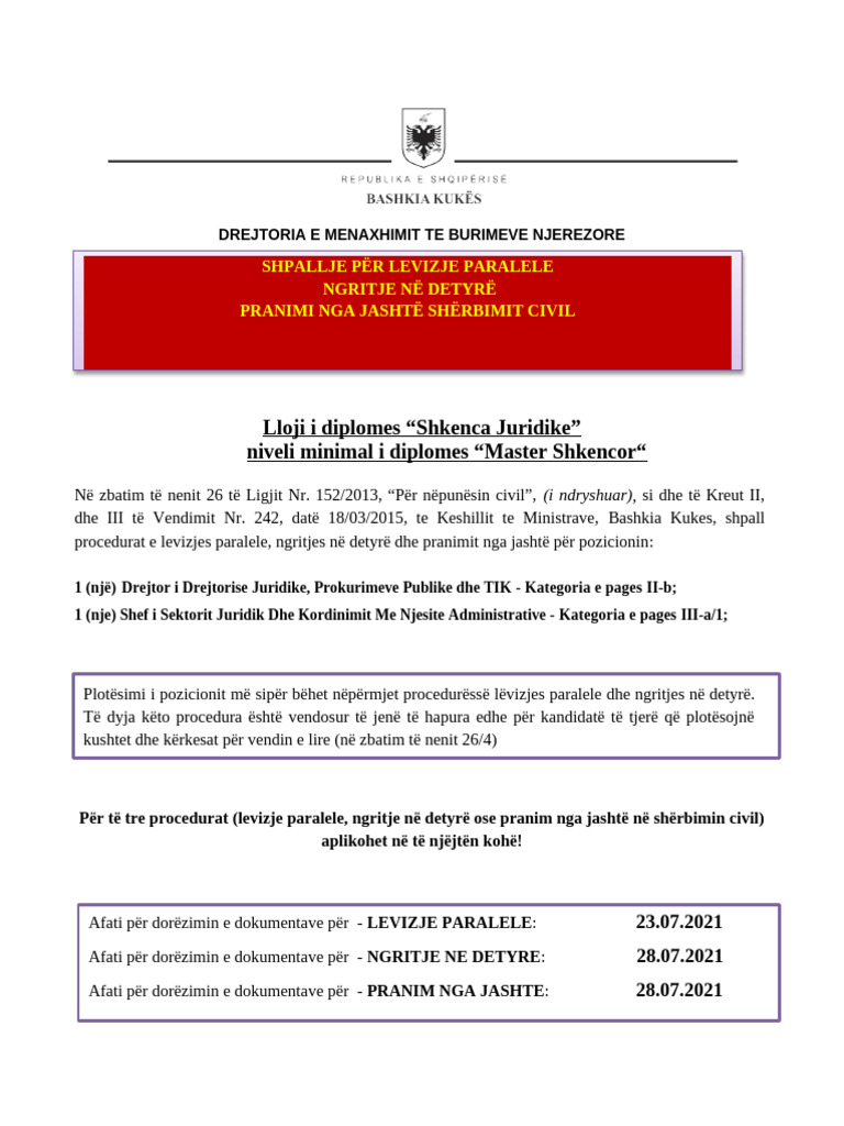 Shpallje Per Vend Te Lire Pune-Juridike-14.07.2021 | PDF