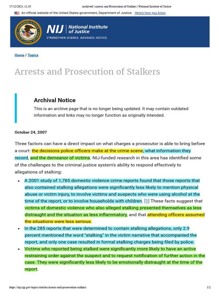 Archived - Arrests and Prosecution of Stalkers - National Institute of ...