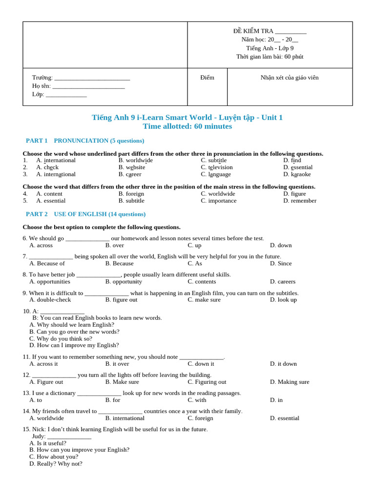 English 9 Unit 1 Test Paper | PDF | English Language | Tourism