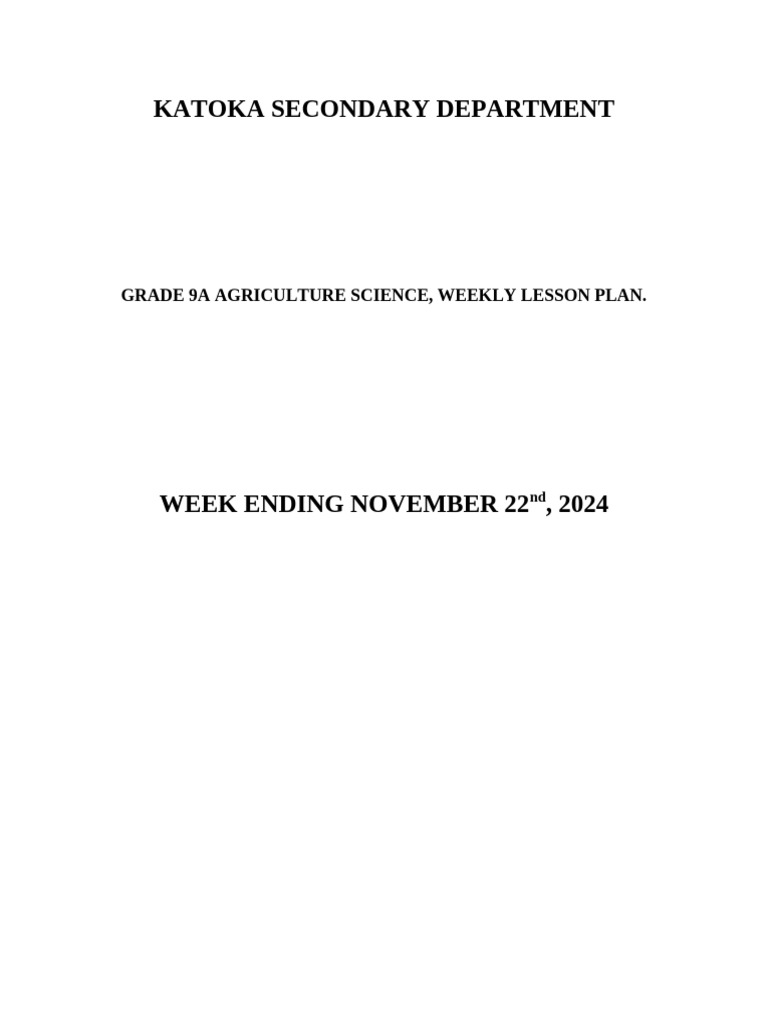 Grade 9A Agriculture Weekly Plan | PDF | Animal Feed | Lesson Plan
