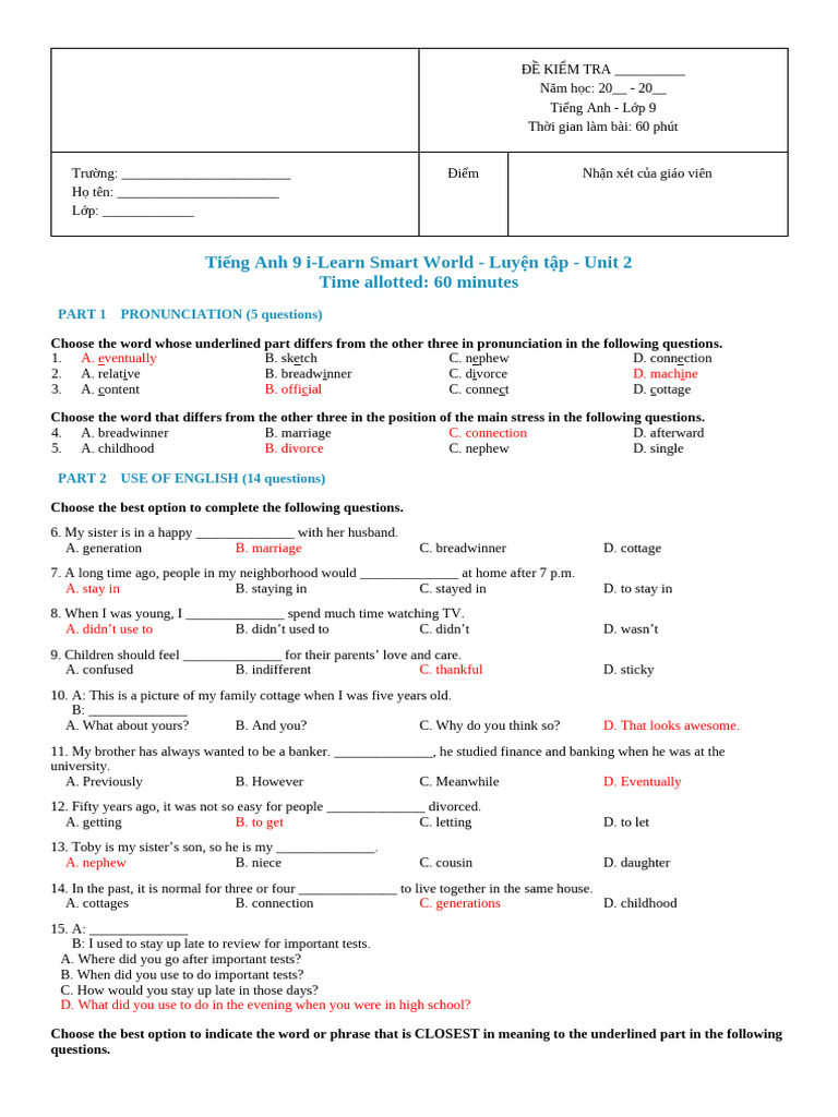 Tiếng Anh 9 i-Learn Smart World - Luyện tập - Unit 2. Key | PDF | Social Institutions | Living ...