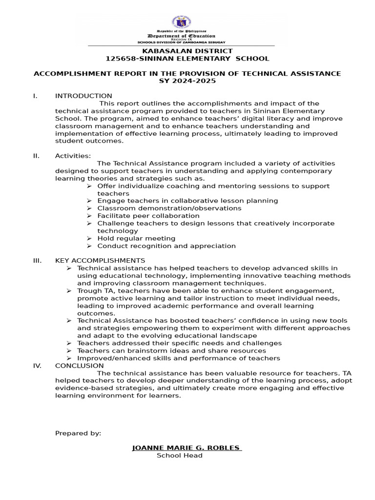 Accomplishment Report in The Provision of TA - Objective 7#2 | PDF ...