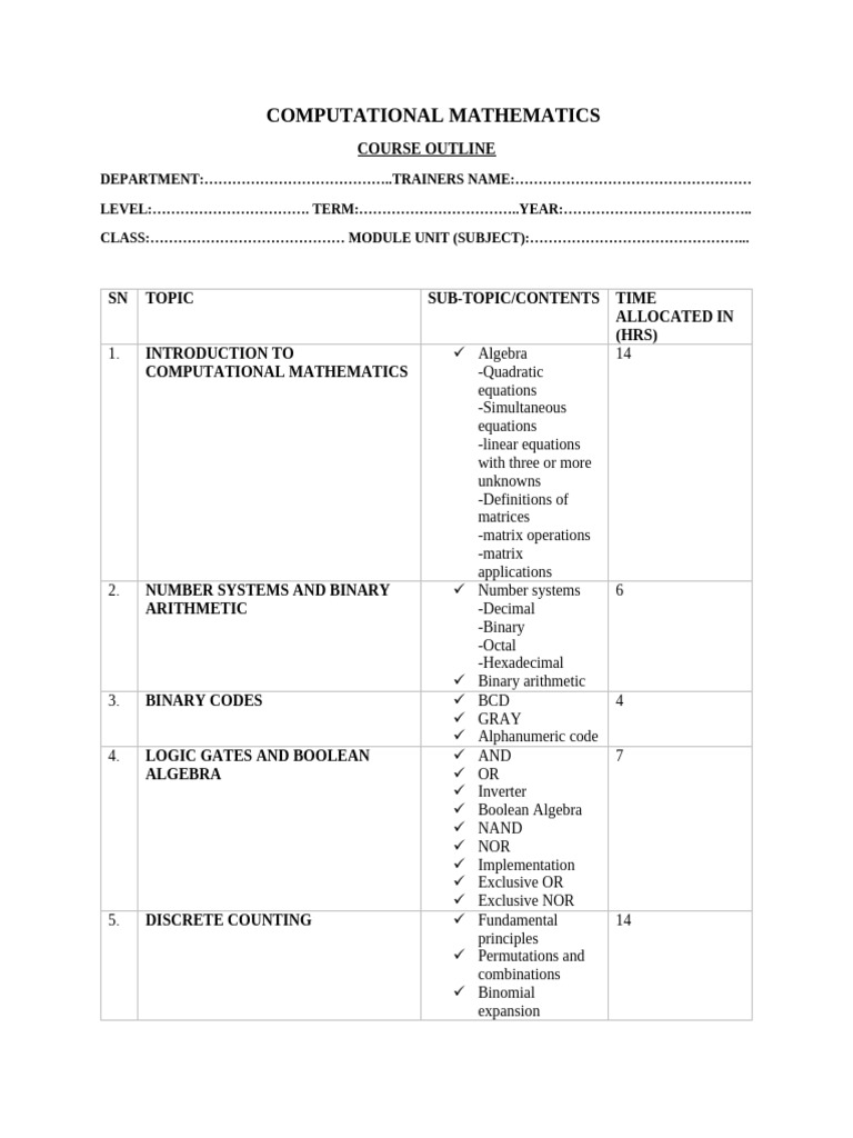 Computational Mathematics Course Outline | PDF | Algebra | Mathematics