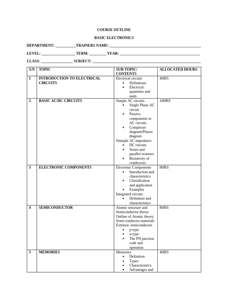 Basic Electronics Course Outline | PDF | Boolean Algebra | Teaching ...